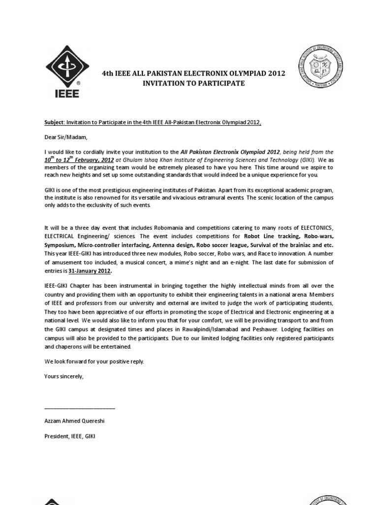 4Th Ieee All Pakistan Electronix Olympiad 2012 Invitation To ...