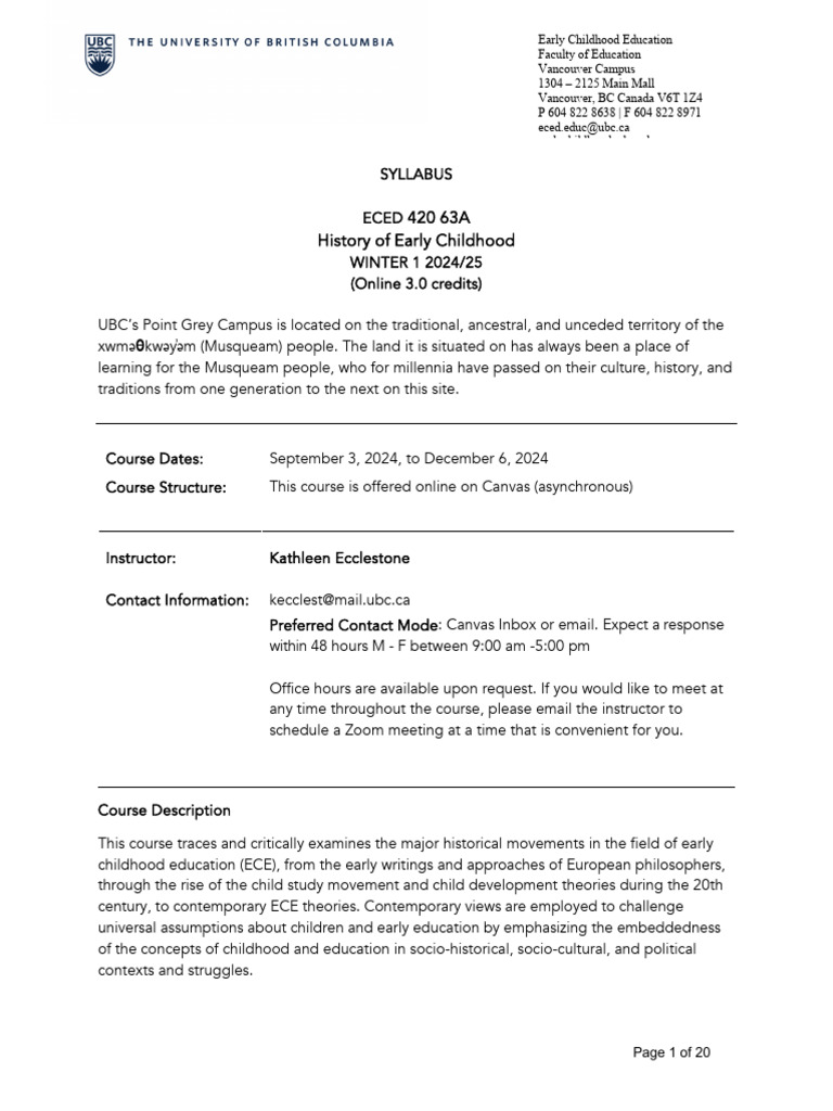 ECED 420 63A W1 2024 63A Syllabus | PDF | Early Childhood Education ...
