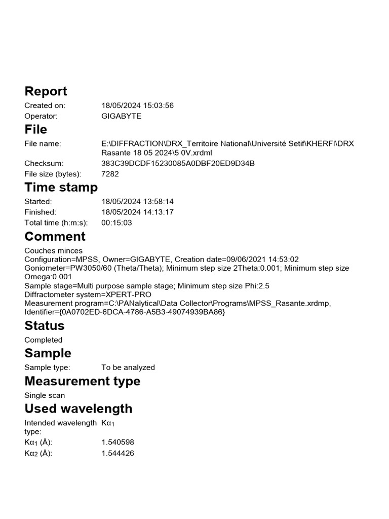 Conditions Des Analyses Par DRX - Anatase TiO2 | PDF | Diffraction | X Ray