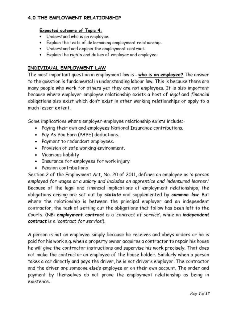 Labour Law - Topic 4.the Employment Relationship | PDF | Employment | Legal Liability