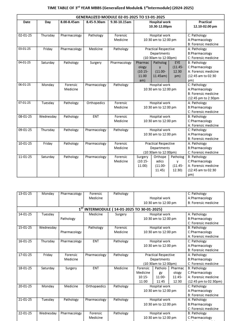 3rd Year MBBS Timetable 2024-2025 | PDF | Pathology | Clinical Medicine
