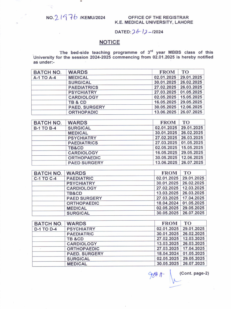 3rd Year MBBS Class Wards Schedule For Session 2024-2025 | PDF
