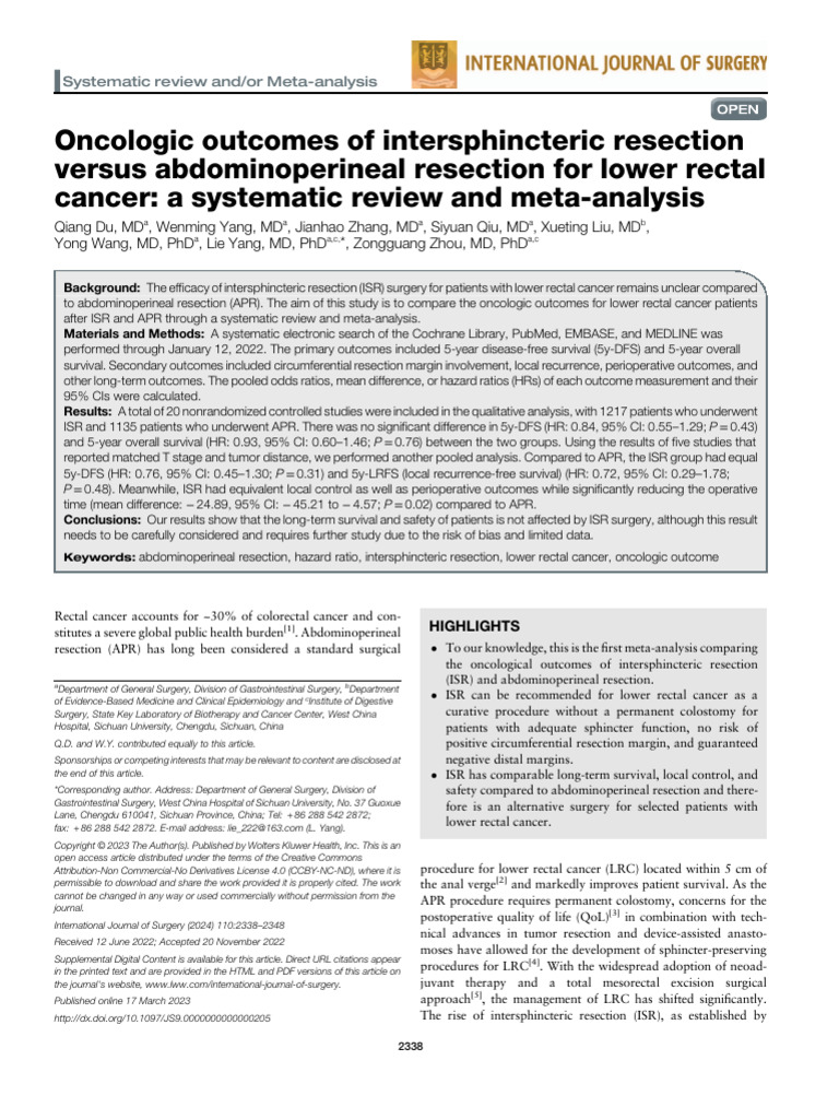 Oncologic Outcomes of Intersphincteric Resection | PDF | Surgery | Systematic Review