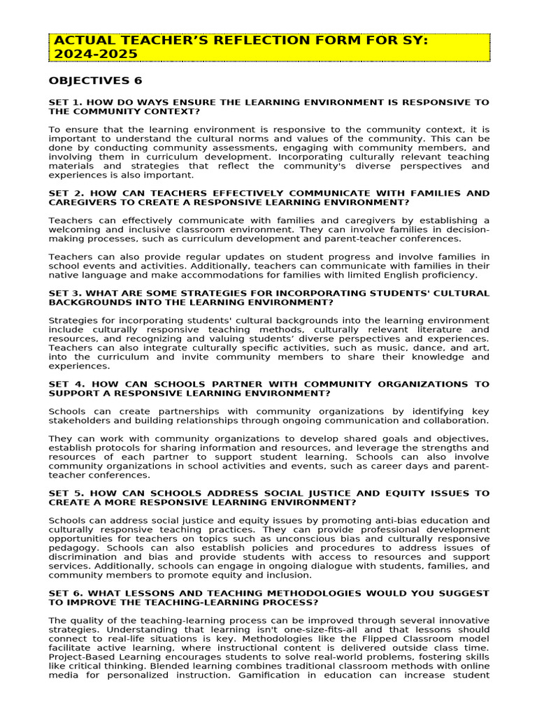 Teachers Reflection Form 2024-2025 | PDF | Teachers | Learning