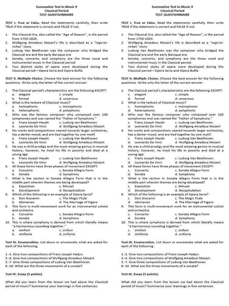Summative Test in Music 9 | PDF | Classical Period (Music) | Concerto