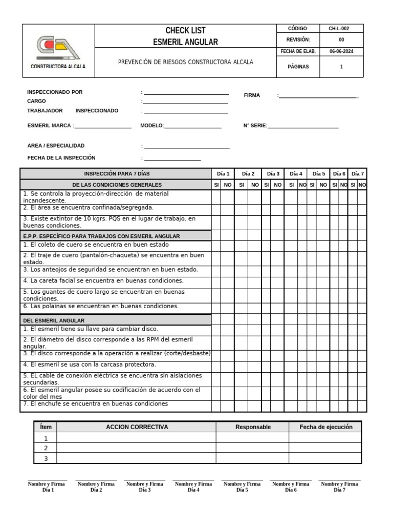 Inspección de Esmeril Angular: Checklist | PDF