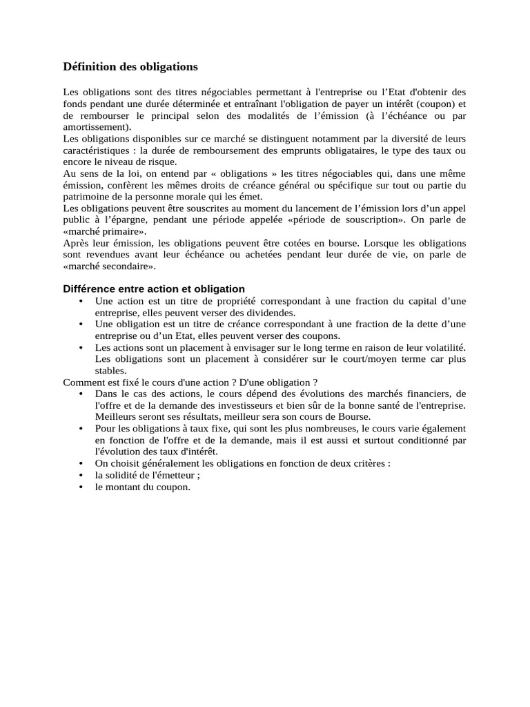 Définition et fonctionnement des obligations | PDF | Obligation ...