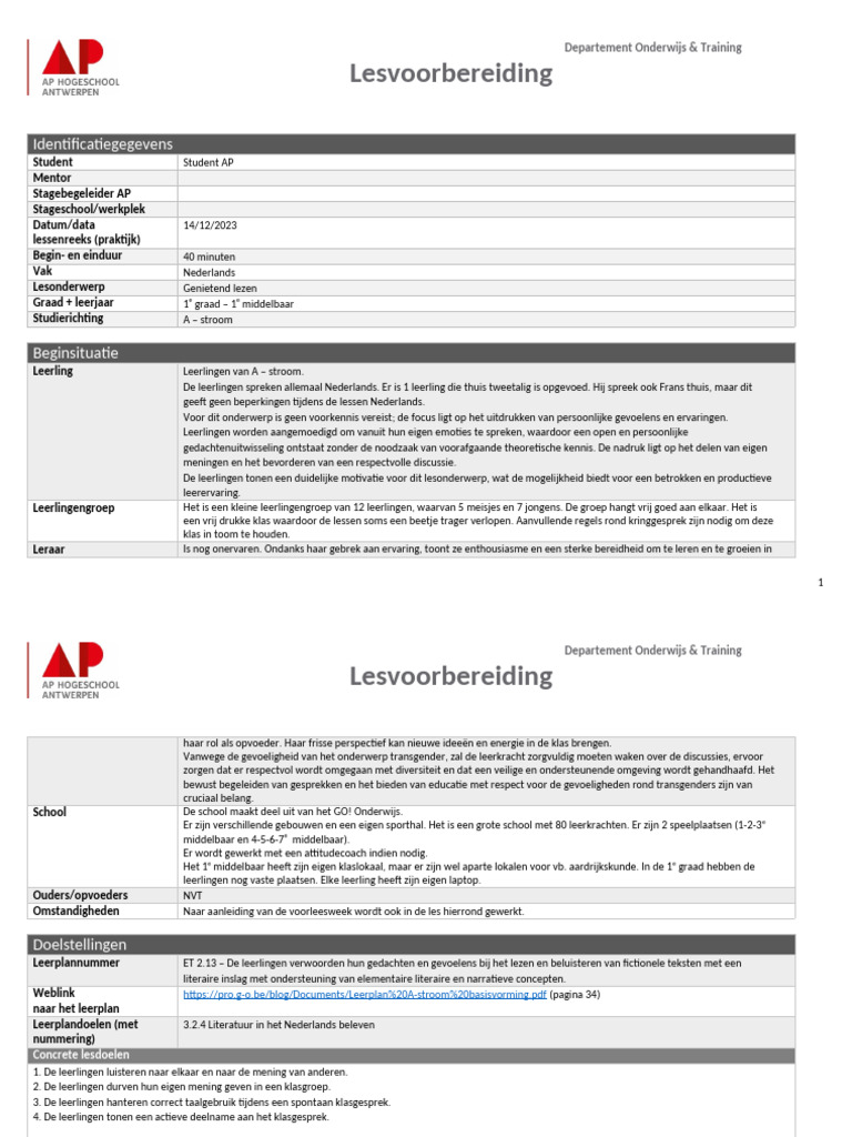Lesvoorbereiding Nederlands 2 | PDF