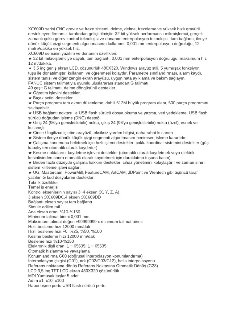 XC609D serisi CNC gravür ve freze sistemi | PDF