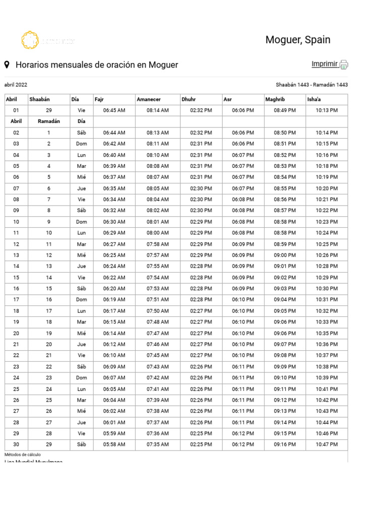 Monthly Prayer Times | PDF | Sharia | Prayer