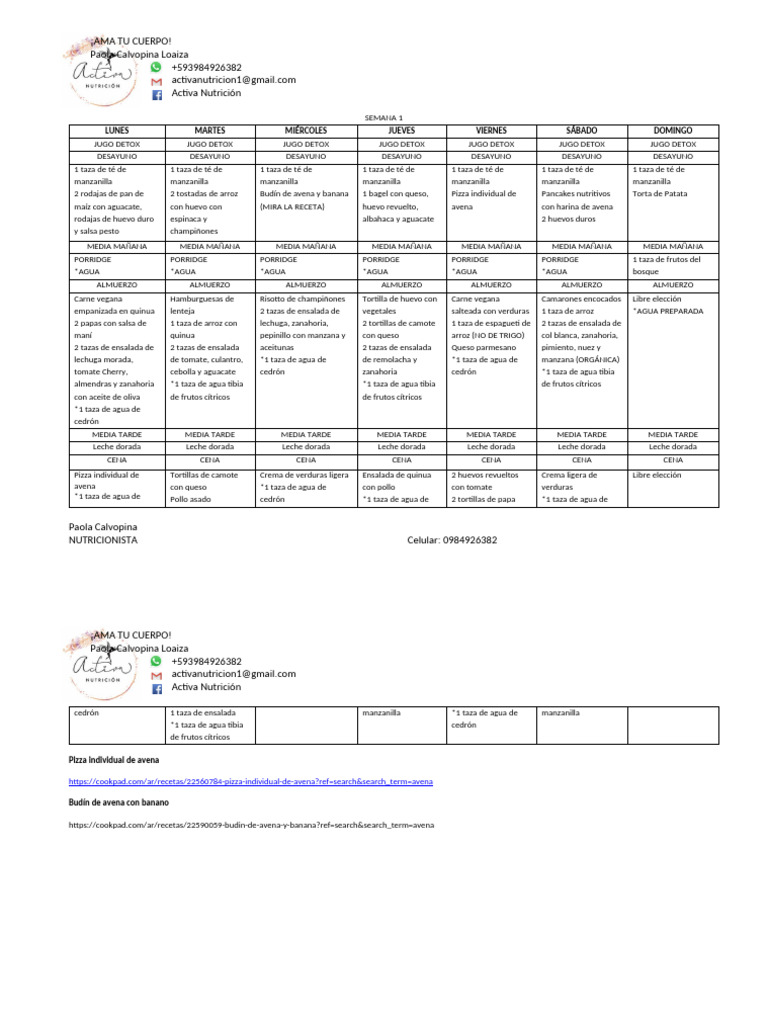 Plan de Alimentaciã - N Siham 2 Semanas | PDF | ensalada | Cocina occidental