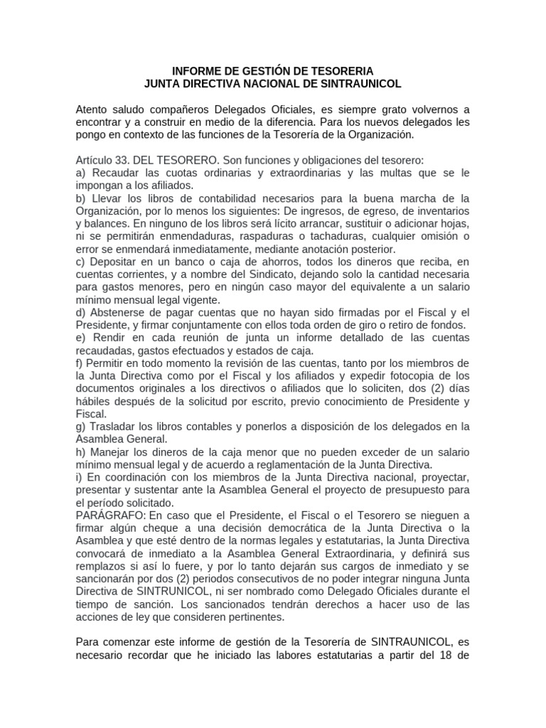 Informe de Gestión de Tesorería SINTRAUNICOL | PDF | Contabilidad ...