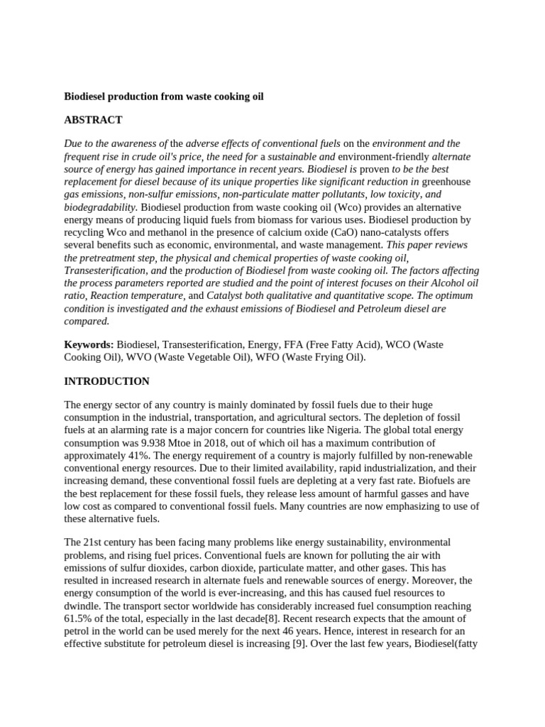 Biodiesel Production From Waste Cooking Oil | PDF | Biodiesel | Diesel Fuel