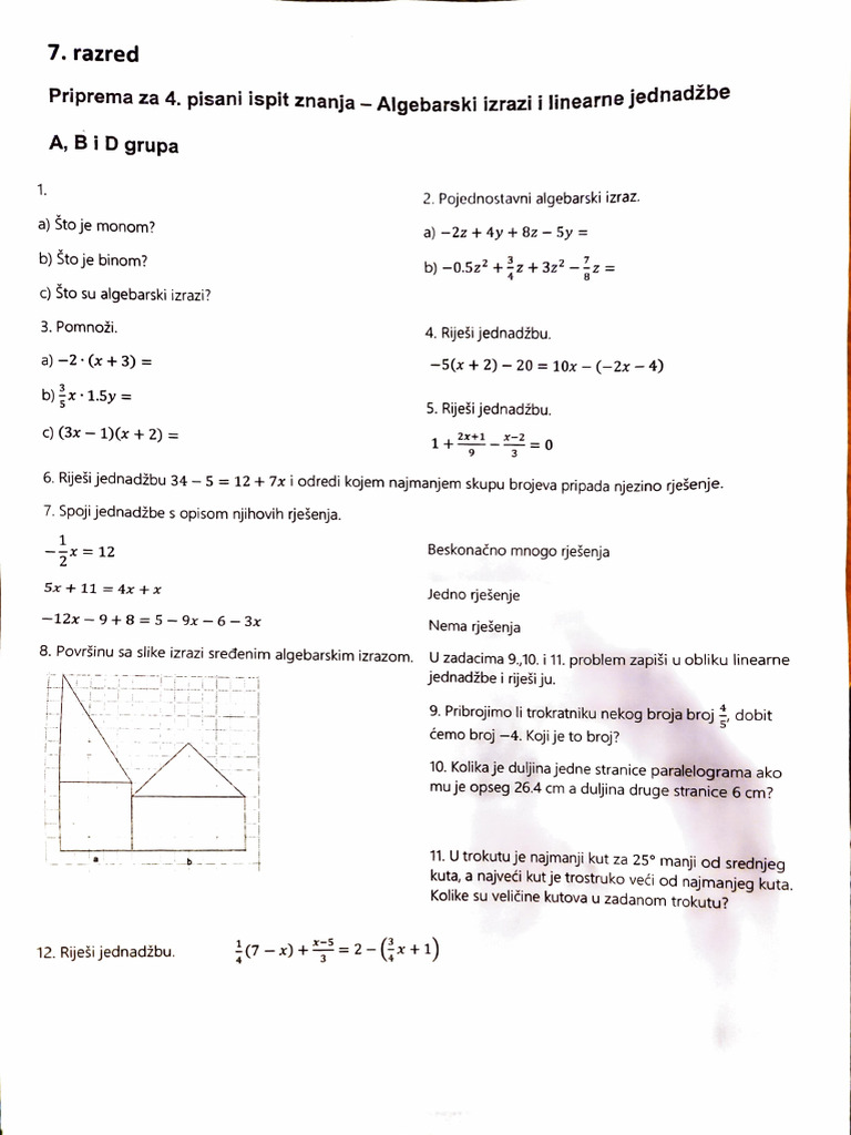 7r Algebarski Izrazi I Linearna Jednadzba | PDF