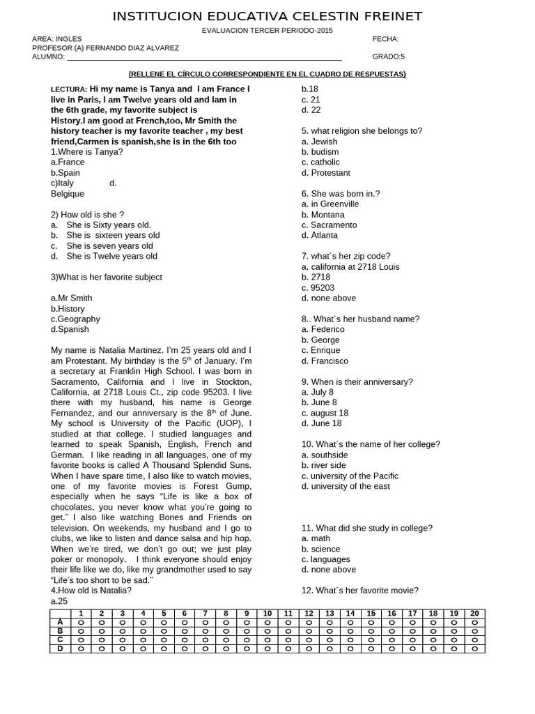 Evaluacion Ingles 5 | PDF