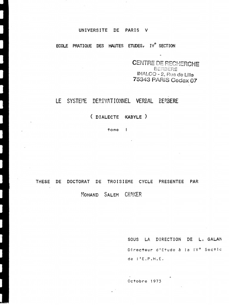 Le Systeme Derivationnel Berbere - Dialecte Kabyle - Salem Chaker | PDF