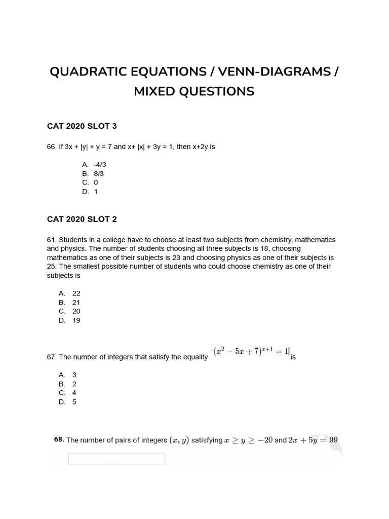 Cat Quadratic Equations - Venn-Diagrams - Mixed Questions | PDF