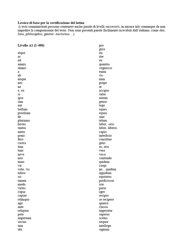 Lessico Di Base Certificazione Latino Livello A1 | PDF