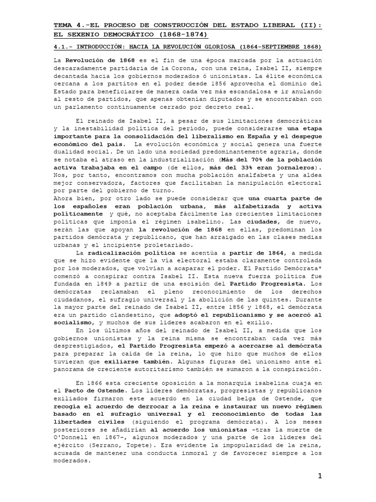 Tema 4.-El Proceso de Construcción Del Estado Liberal (Ii) : El Sexenio Democrático (1868-1874 ...