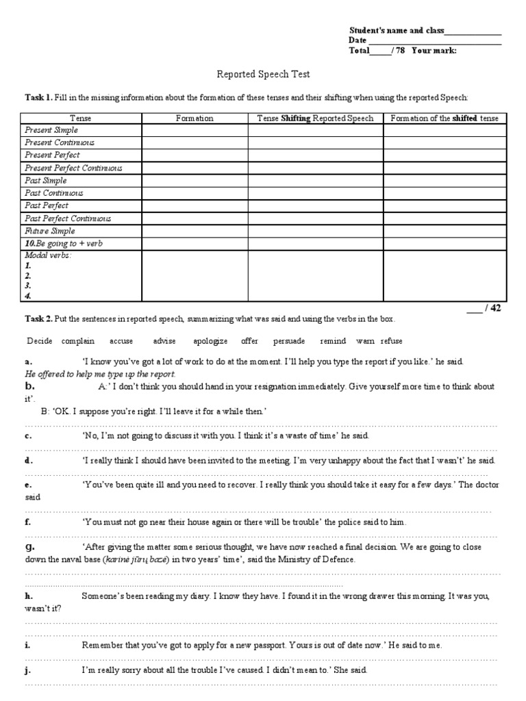 Reported Speech Final Test 10 Okai | PDF | Grammatical Tense ...