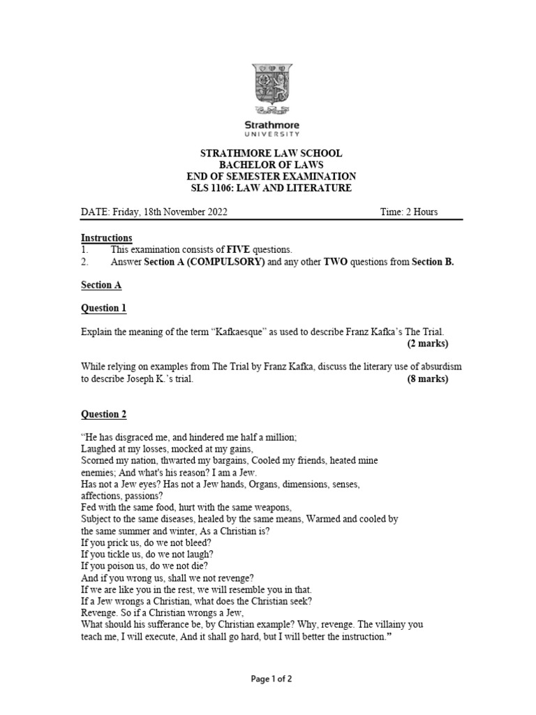 Law and Literature Exam Questions | PDF | The Trial | The Merchant Of ...