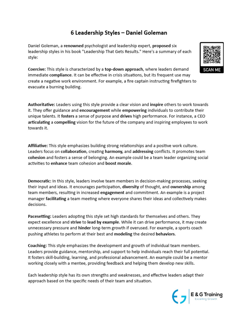 Goleman's Six Leadership Styles Explained | PDF | Mentorship | Leadership
