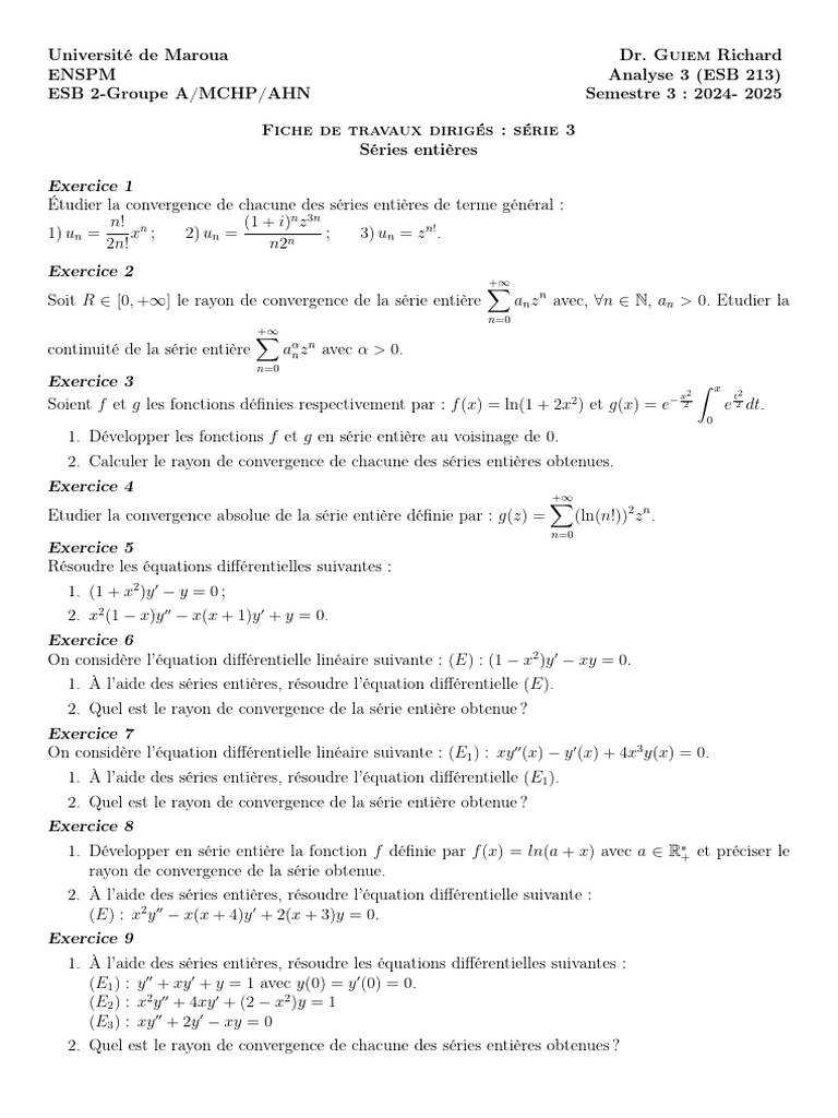 Séries Entières et Équations Différentielles | PDF | Série entière ...