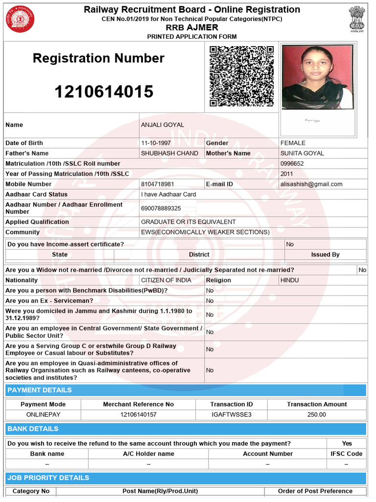 RRB Ajmer NTPC Online Registration Form | PDF