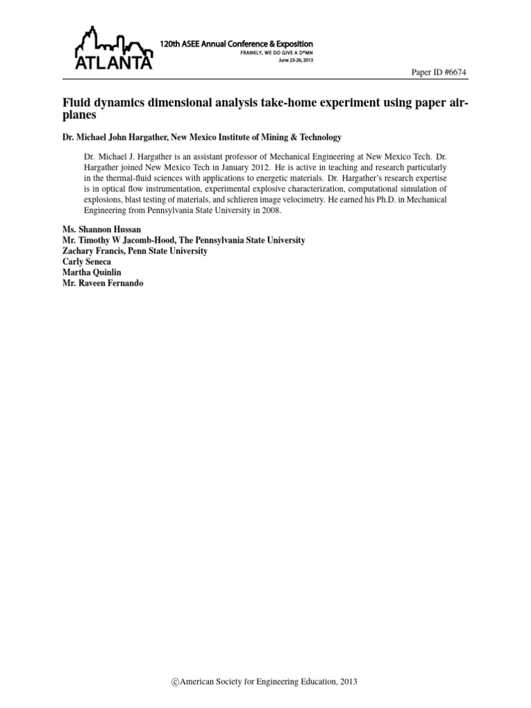 Fluid Dynamics Dimensional Analysis Take Home Experiment Using Paper ...