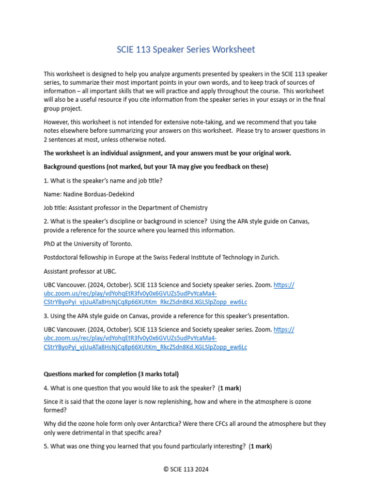 SCIE 113 Speaker Series Worksheet | PDF