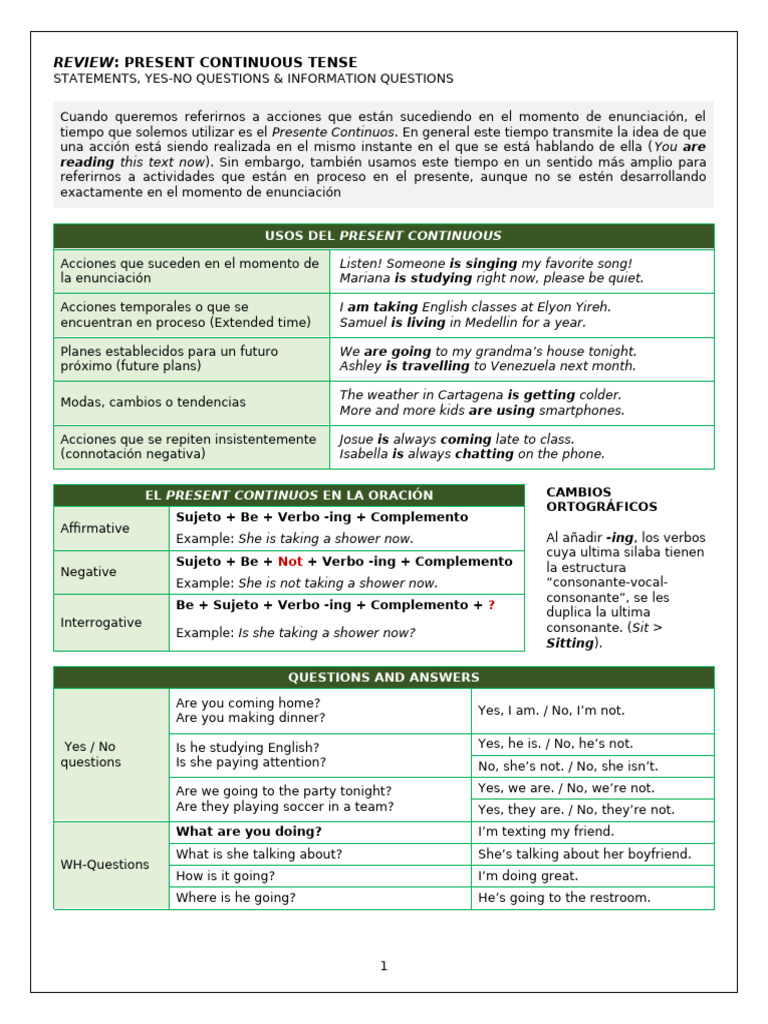 REVIEW PRESENT CONTINUOUS TENSE | PDF | Languages | Grammar