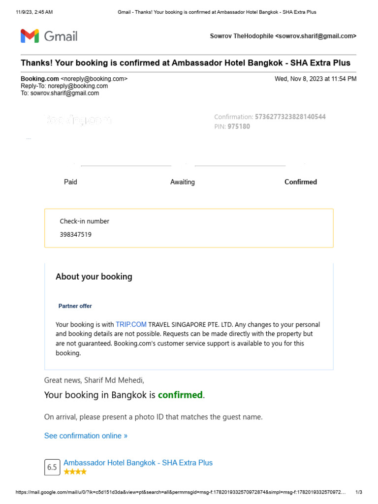 Gmail - Thanks! Your Booking Is Confirmed at Ambassador Hotel Bangkok ...