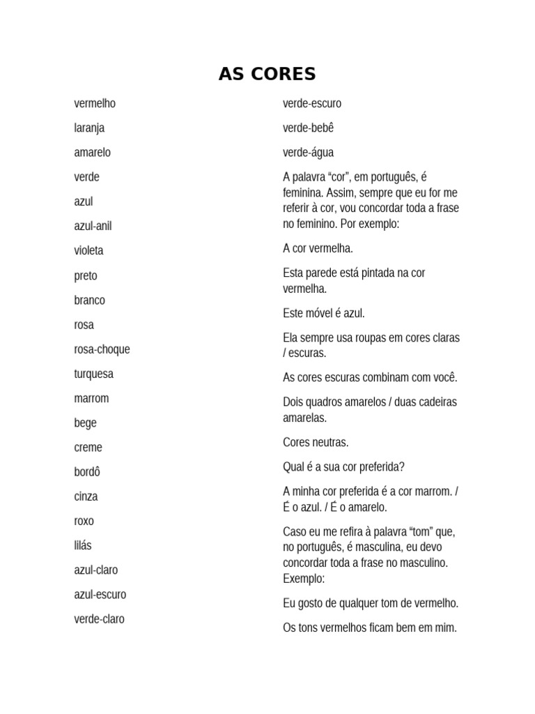 Nomes e Concordância das Cores | PDF