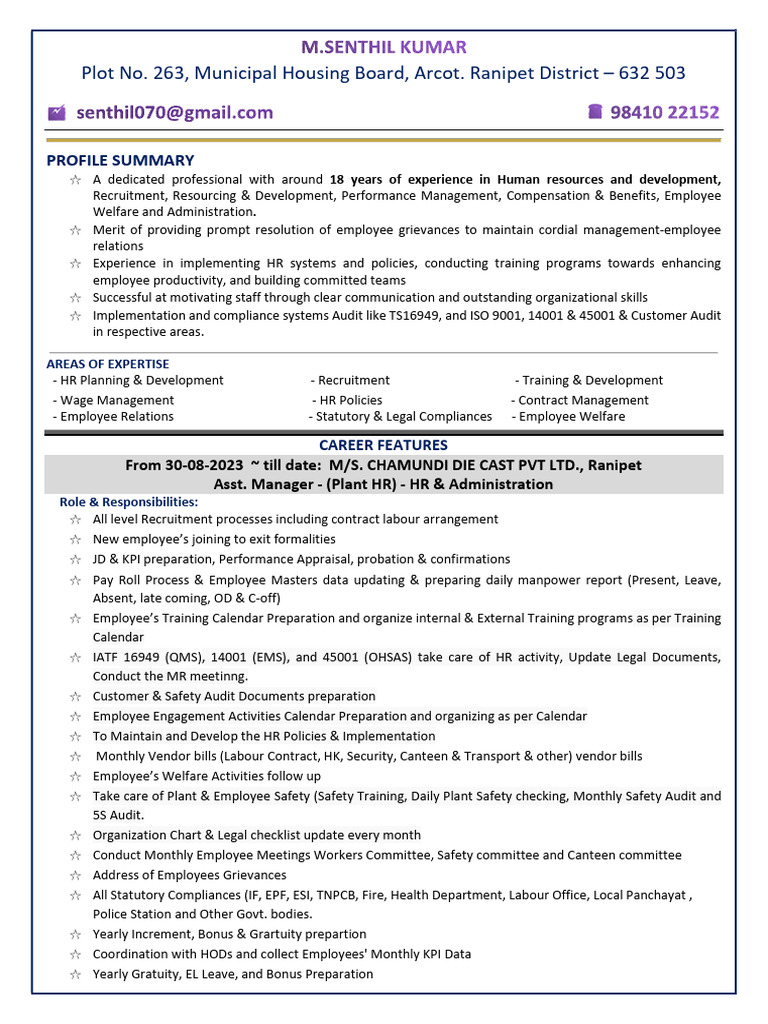 Senthil Kumar M HR Profile | PDF | Employment | Human Resources