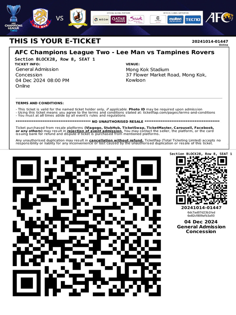 Section Block28 Row 8 Seat 1-Afc Champions League Two-Lee Man Vs ...