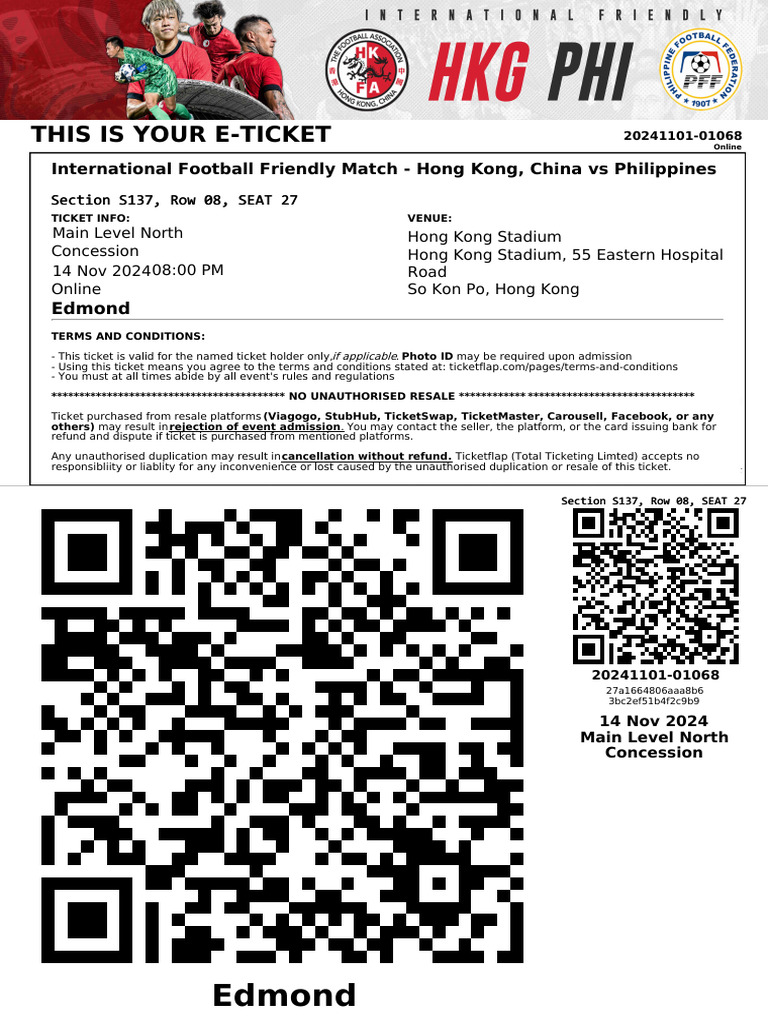 Section s137 Row 08 Seat 27-International Football Friendly Match-Hong Kong China Vs Philippines ...
