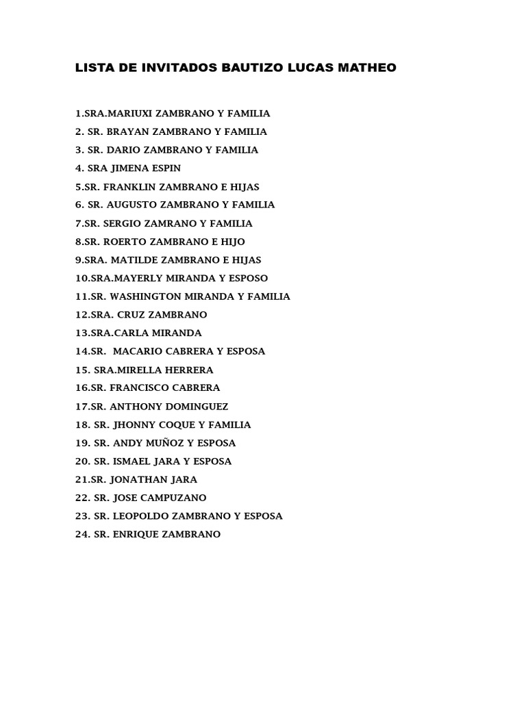 Lista de Invitados Bautizo Lucas Matheo | PDF