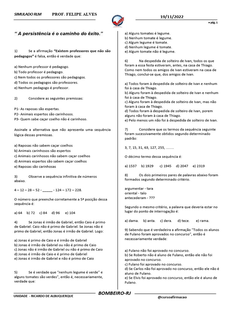 Simulado Extra de RLM Sem Gabarito Sabado Bomb 19 11 2022 | PDF ...
