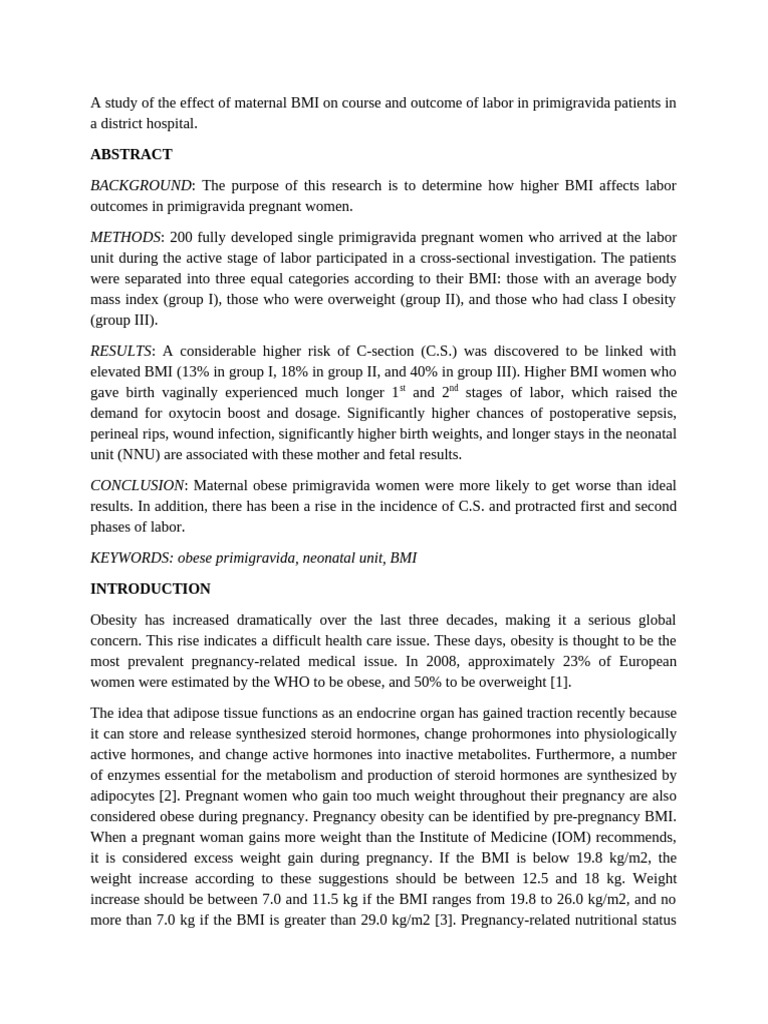 A study of the effect of maternal BMI on course and outcome (2) | PDF ...