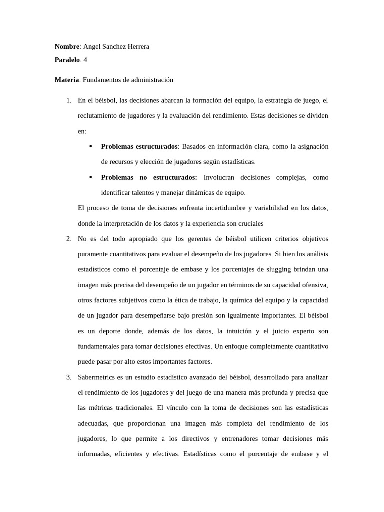 Caso 6 Negocio de Béisbol ASH | PDF | Toma de decisiones | Estadísticas