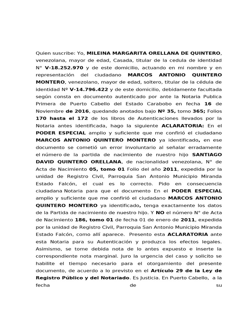 aclaratoria de documento notariado mileina orrellana sobre poder ...