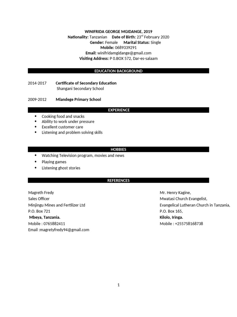 Winifrida Mgidange Cv | PDF