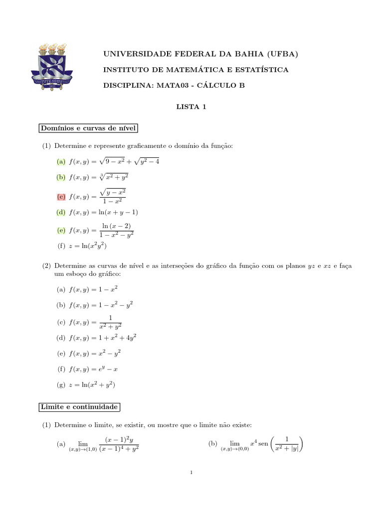 Lista1 - Cálculo B | PDF