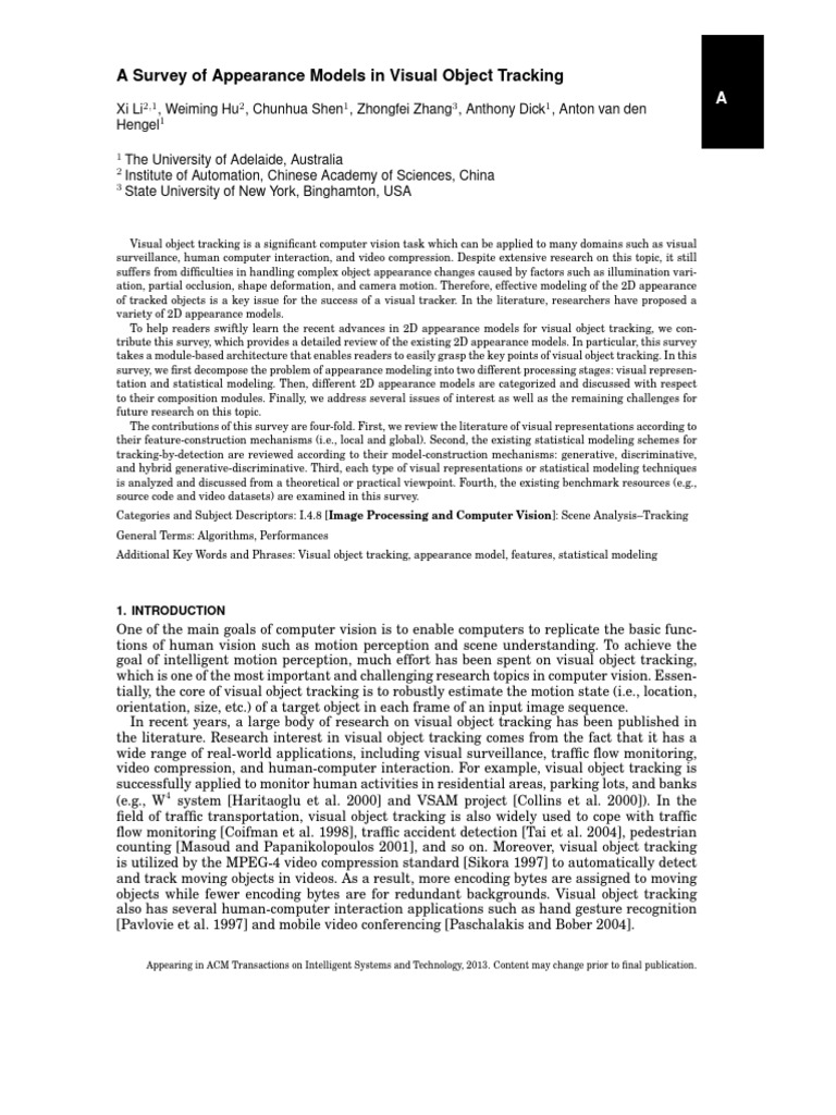 A Survey of Appearance Models in Visual Object Tracking: Image Processing and Computer Vision ...