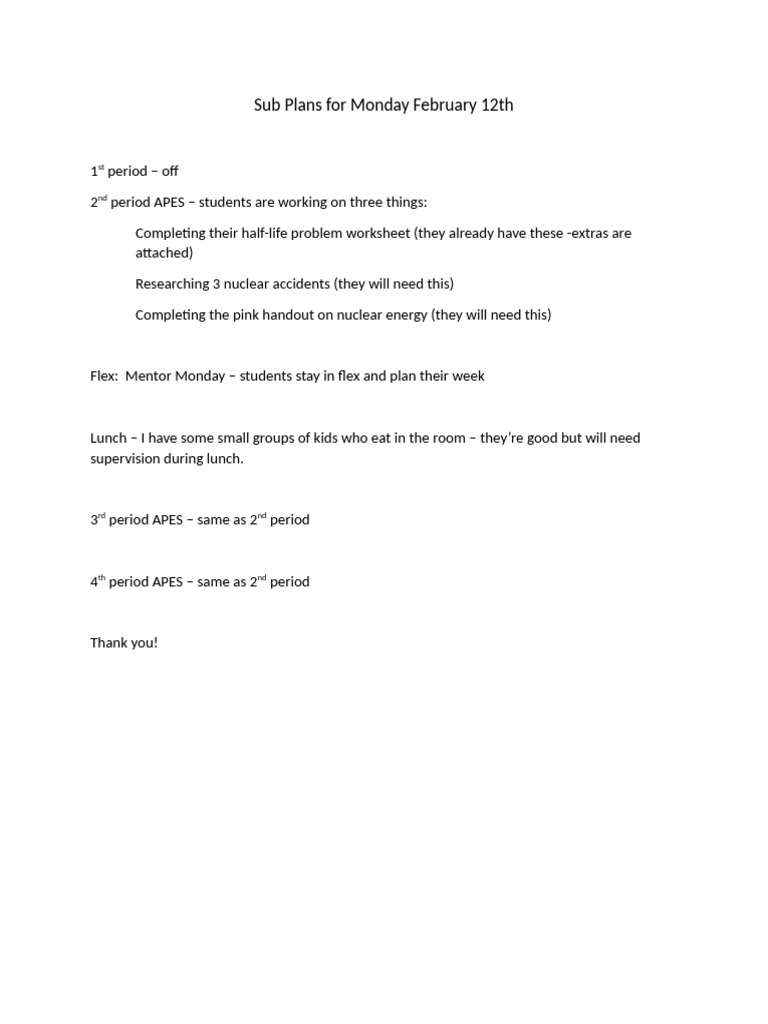 Sub Plans For Monday February 12th | PDF
