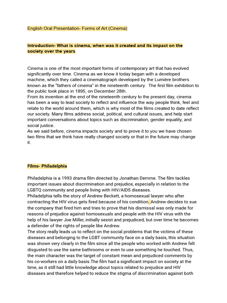 English Oral Presentation - Forms of Art (Cinema) | PDF | Gender ...