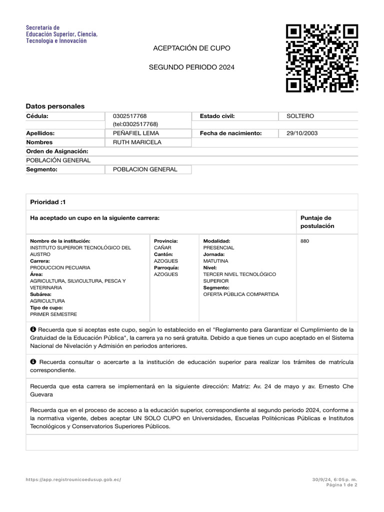 Aceptación de Cupo | PDF