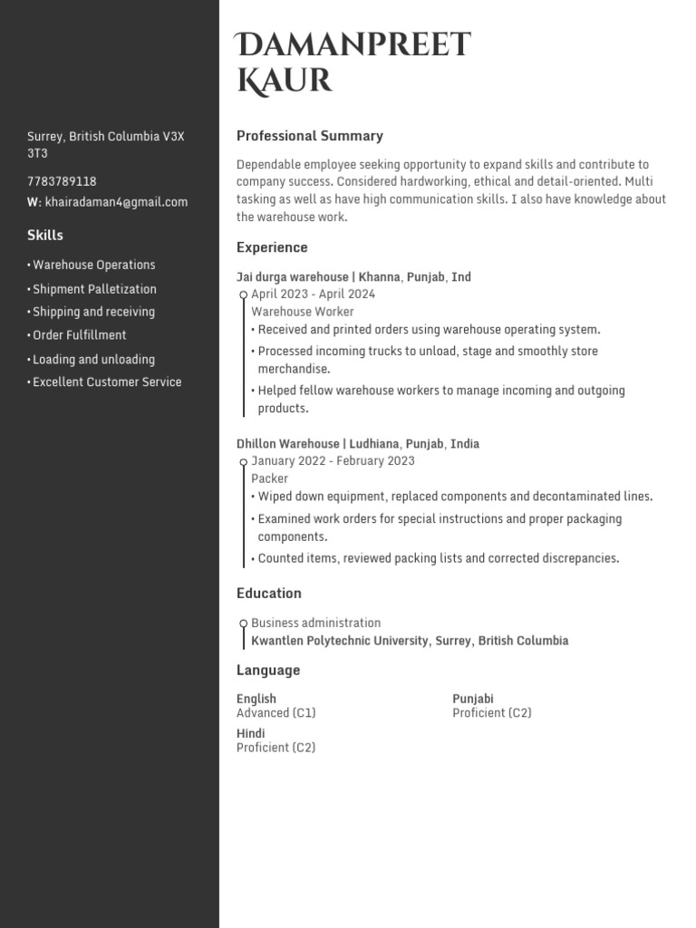 Warehouse Damanpreet Kaur Resume Warehouse | PDF