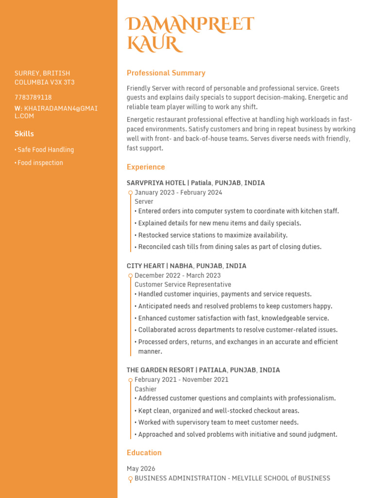 Restaurant DAMANPREET KAUR Resume Restaurant (1) | PDF | Business