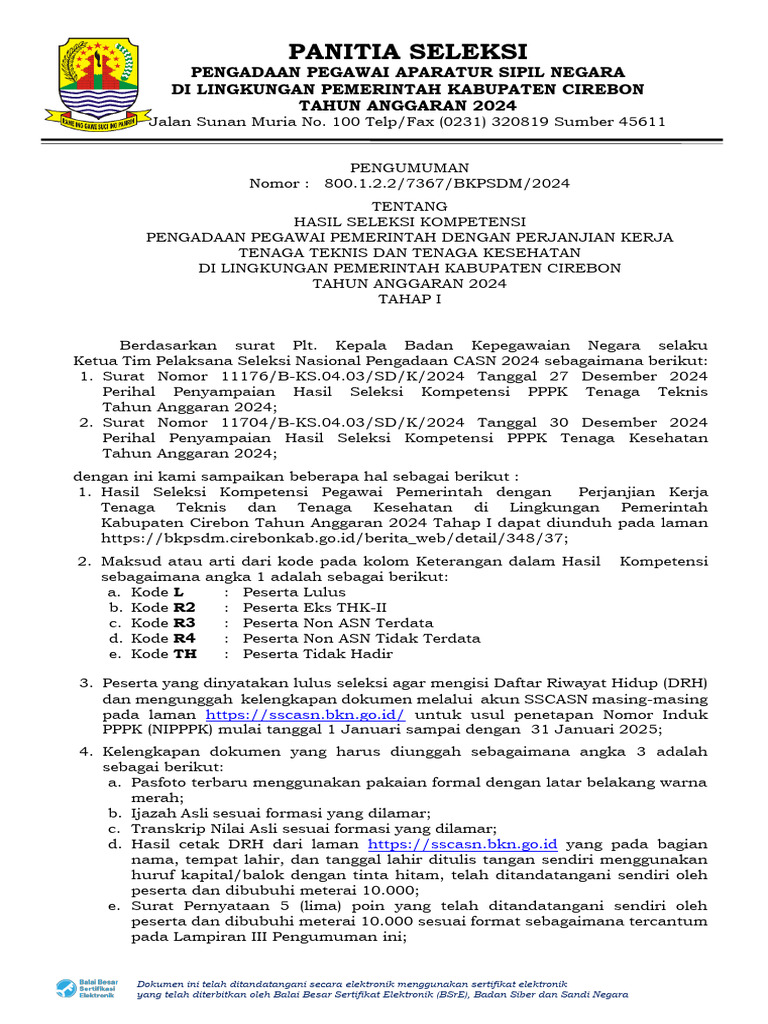 6 Pengumuman Hasil Seleksi Kompetensi Pppk Tenaga Teknis Dan Tenaga Kesehatan Tahap i | PDF